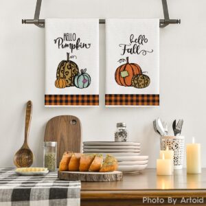 Artoid Mode Black White Buffalo Plaid Hello Pumpkin Fall Kitchen Towels Dish Towels, 18x26 Inch Seasonal Decoration Hand Towels Set of 2