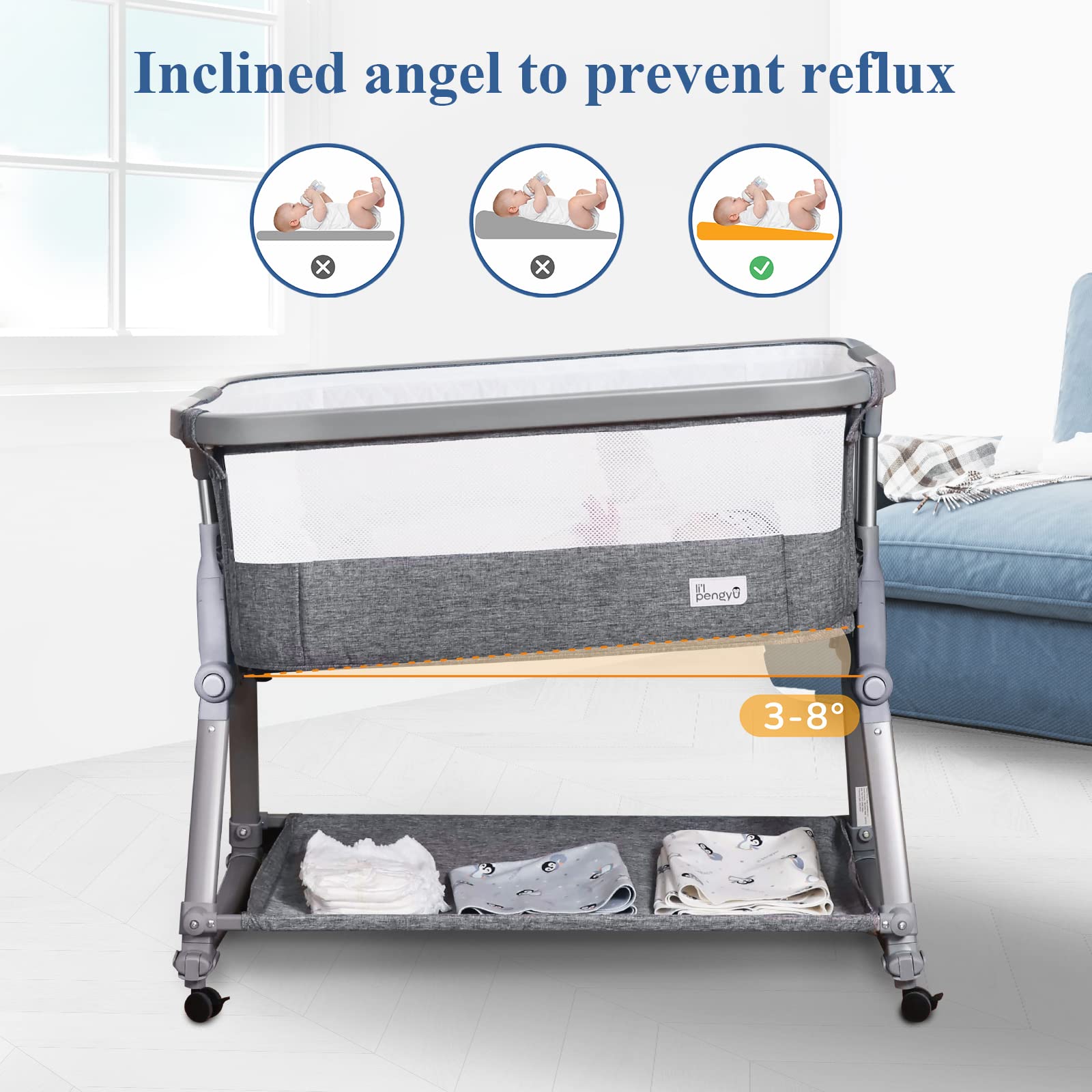 Baby Bassinet Bedside Sleeper for Baby, Li’l Pengyu Foldable Bassinet with Rocking Cradle Mode, Free-Installation & Quick-Folding Bedside Crib, Come with Comfy Mattress and Portable Bag (Mesh)