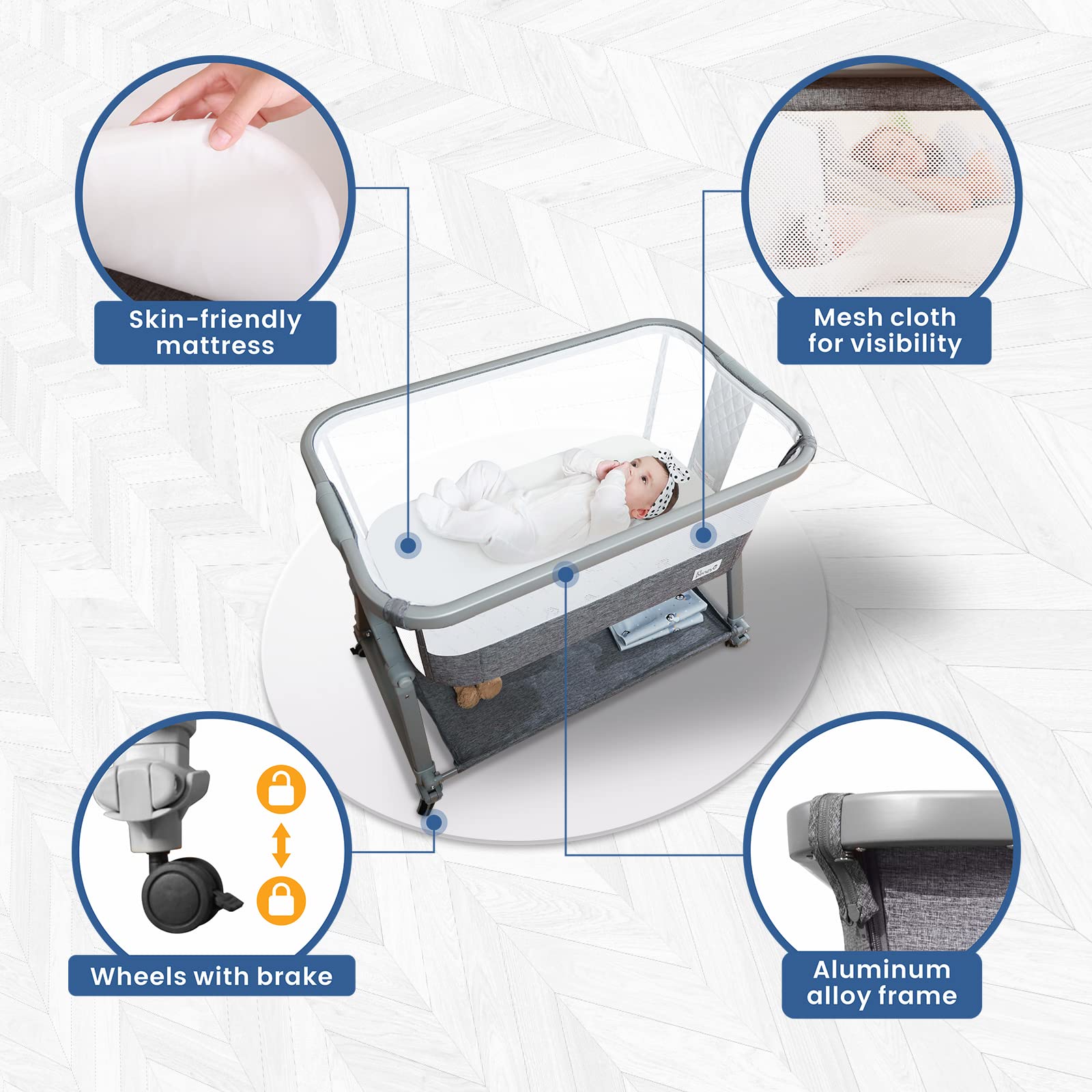 Baby Bassinet Bedside Sleeper for Baby, Li’l Pengyu Foldable Bassinet with Rocking Cradle Mode, Free-Installation & Quick-Folding Bedside Crib, Come with Comfy Mattress and Portable Bag (Mesh)