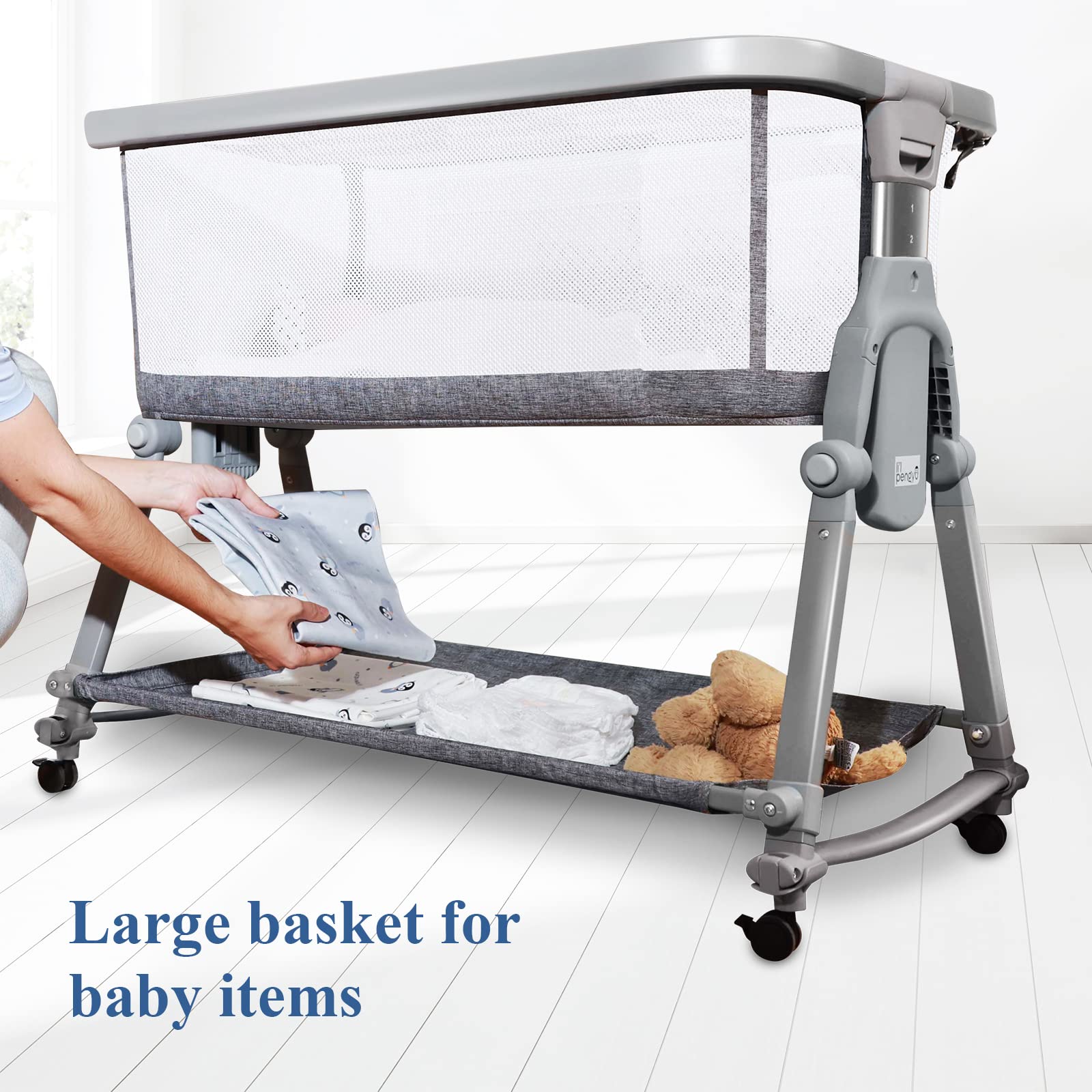 Baby Bassinet Bedside Sleeper for Baby, Li’l Pengyu Foldable Bassinet with Rocking Cradle Mode, Free-Installation & Quick-Folding Bedside Crib, Come with Comfy Mattress and Portable Bag (Mesh)