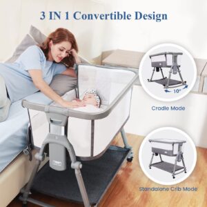 Baby Bassinet Bedside Sleeper for Baby, Li’l Pengyu Foldable Bassinet with Rocking Cradle Mode, Free-Installation & Quick-Folding Bedside Crib, Come with Comfy Mattress and Portable Bag (Mesh)