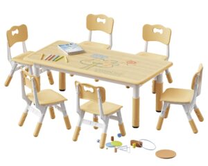 brelley kids table and 6 chairs set, height adjustable toddler table and chair set, graffiti desktop, classroom/daycare/home, children multi-activity table for ages 2-8