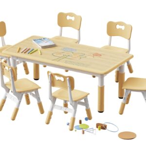 Brelley Kids Table and 6 Chairs Set, Height Adjustable Toddler Table and Chair Set, Graffiti Desktop, Classroom/Daycare/Home, Children Multi-Activity Table for Ages 2-8