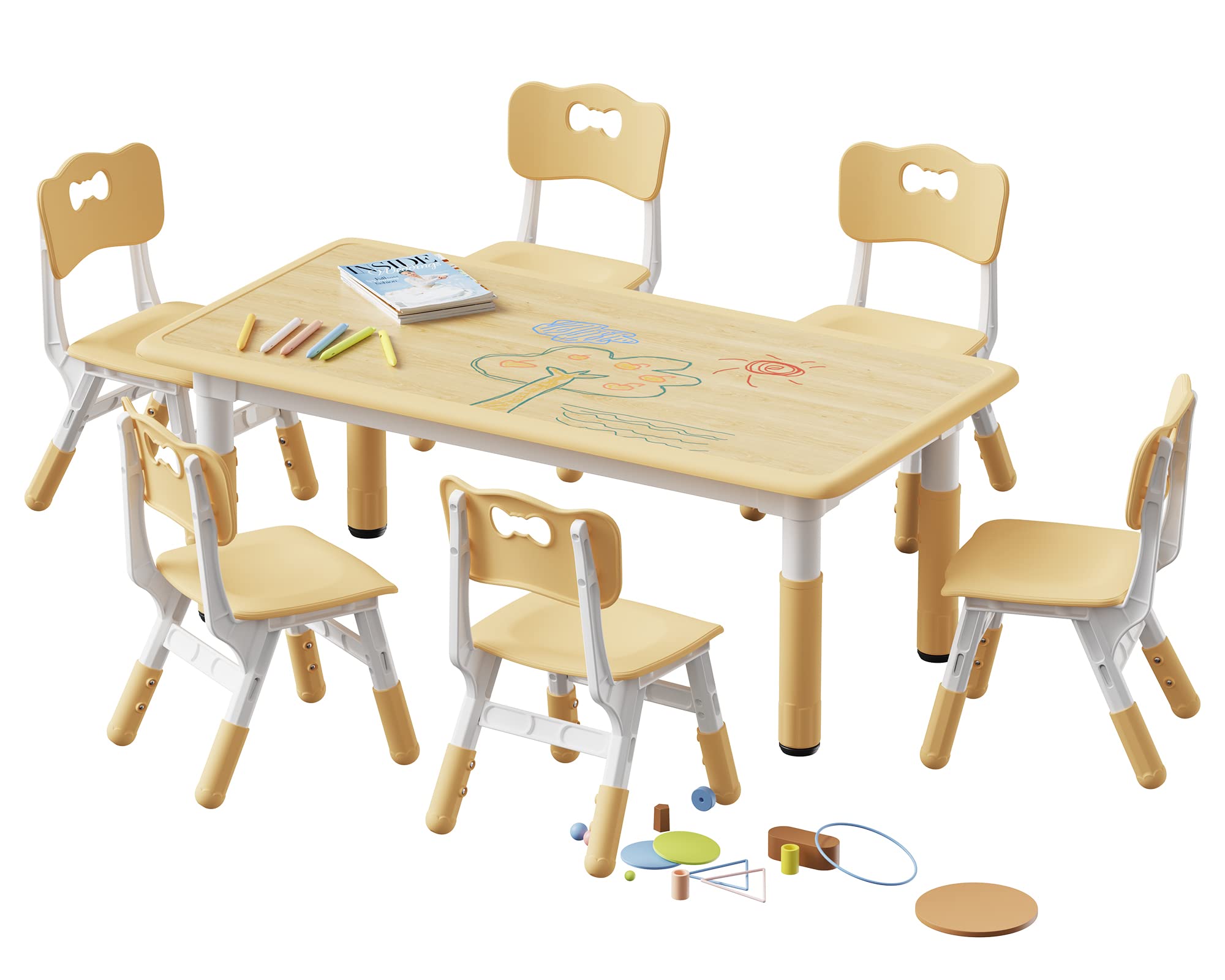 Brelley Kids Table and 6 Chairs Set, Height Adjustable Toddler Table and Chair Set, Graffiti Desktop, Classroom/Daycare/Home, Children Multi-Activity Table for Ages 2-8