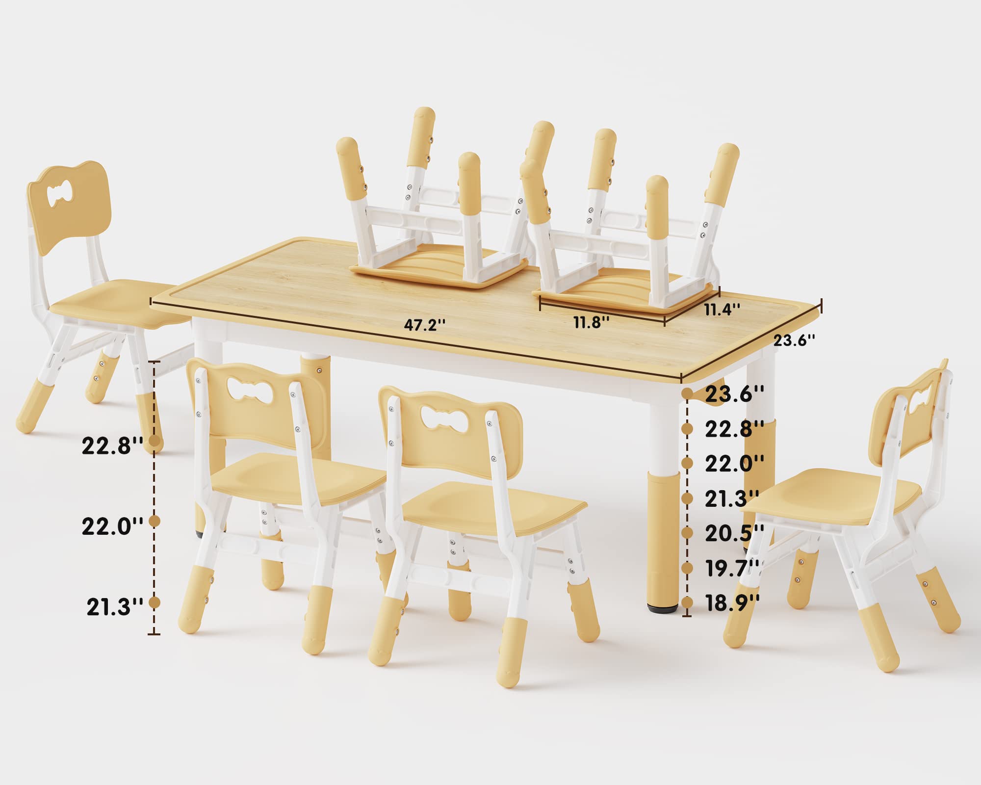 Brelley Kids Table and 6 Chairs Set, Height Adjustable Toddler Table and Chair Set, Graffiti Desktop, Classroom/Daycare/Home, Children Multi-Activity Table for Ages 2-8