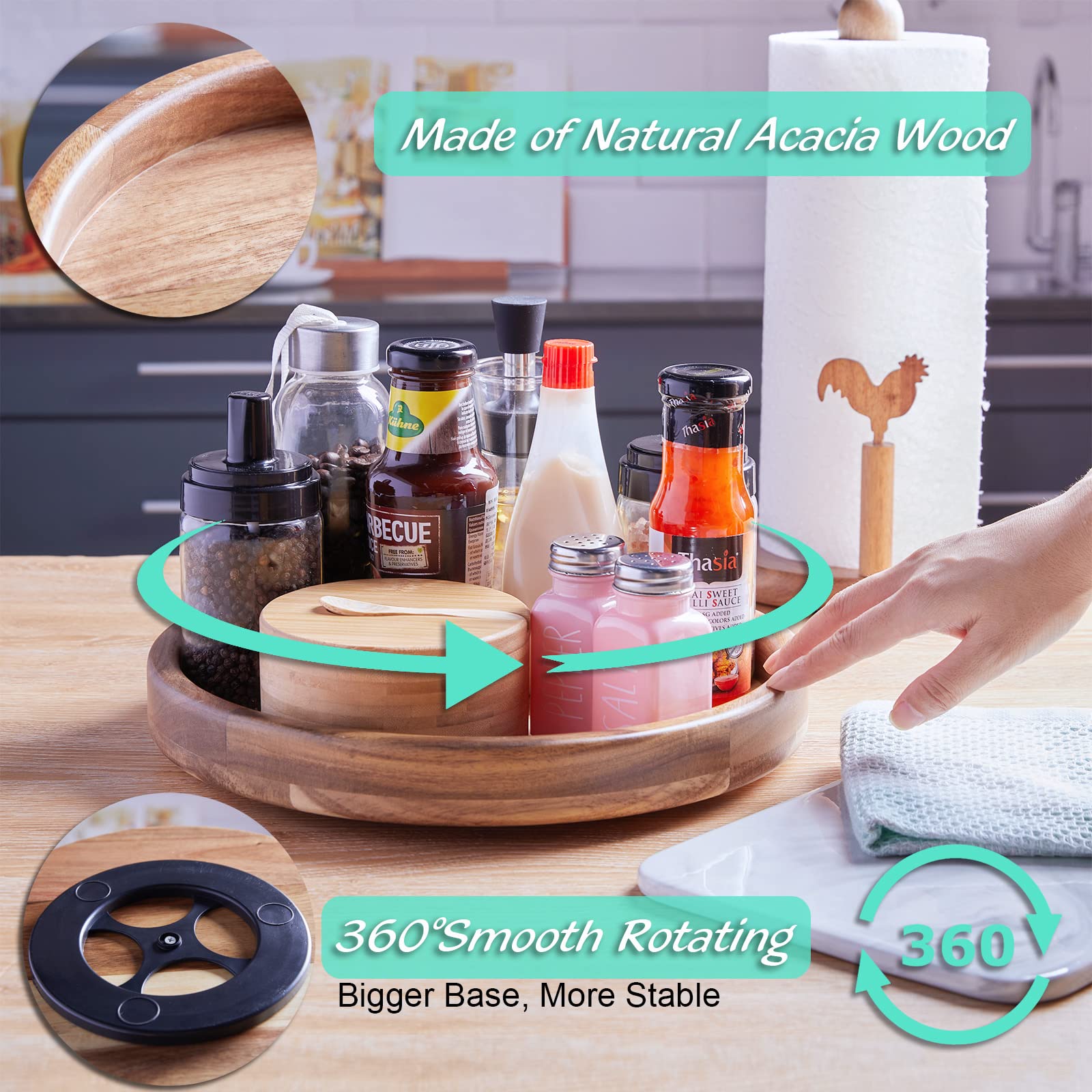 12" Lazy Susan Organizer Turntable for Cabinet - Bivvclaz Acacia Wood Lazy Susan for Cabinet Table Pantry Kitchen Countertop Cupboard or Bathroom Organization - Kitchen Turntable Storage Container