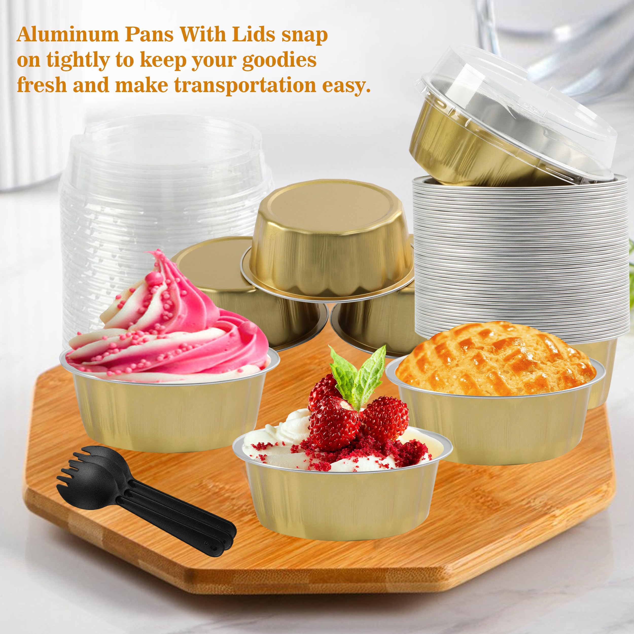 BAKINGPAK Round Mini Aluminum Pans with Lids, 30PCS 8OZ Individual Cupcake Containers Cupcake Liners with Lids Mini Cake Tins Individual Mini Cake Pans With Lids Gifts for Mom Wedding Brithday, Gold