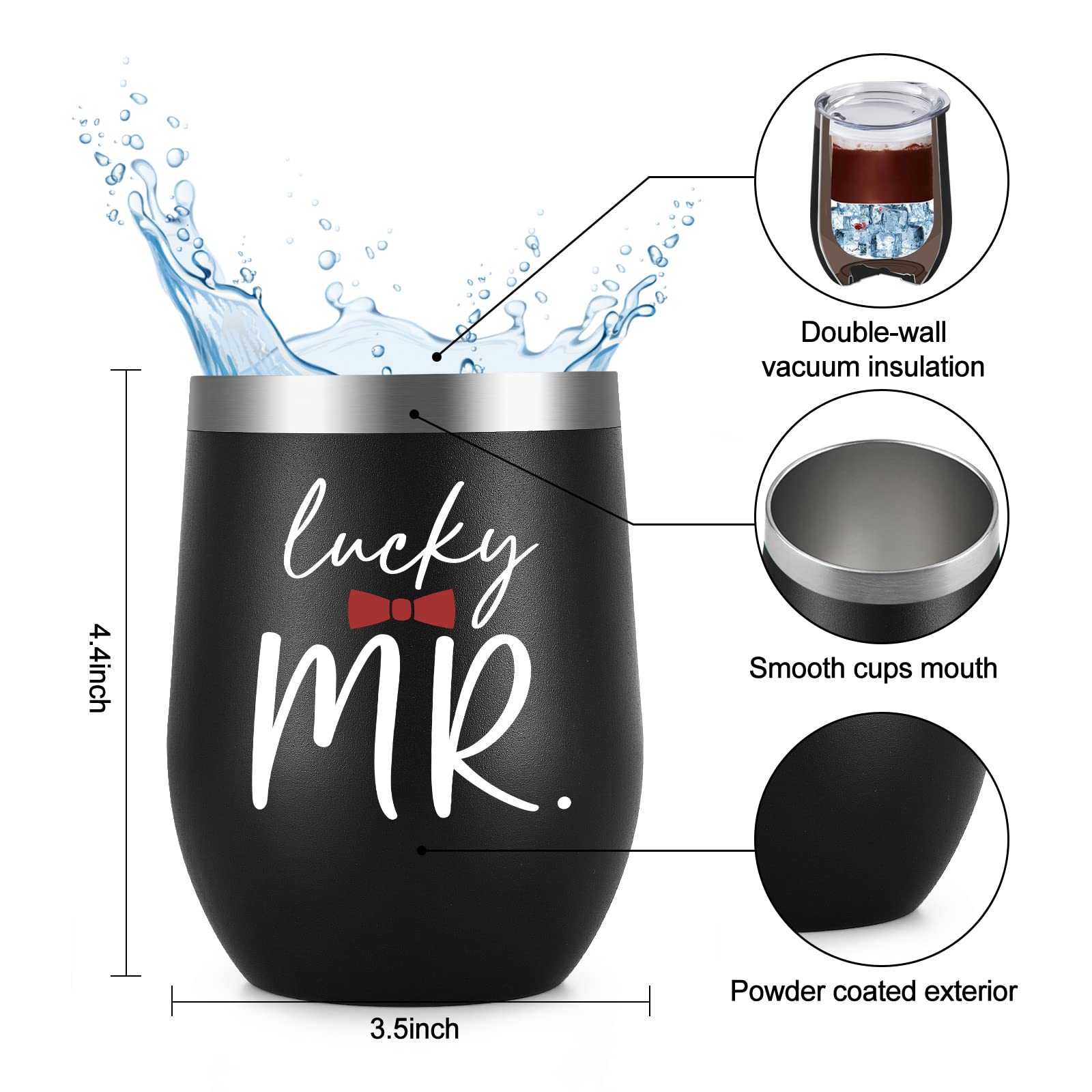 Lifecapido Couples Gifts - Lucky Mr Future Mrs Wine Tumblers Set of 2, Wedding Gifts Engagement Gifts Bridal Shower Gifts for Couples, Fiancee Fiance, Bride Groom, Mr Mrs, Black and White