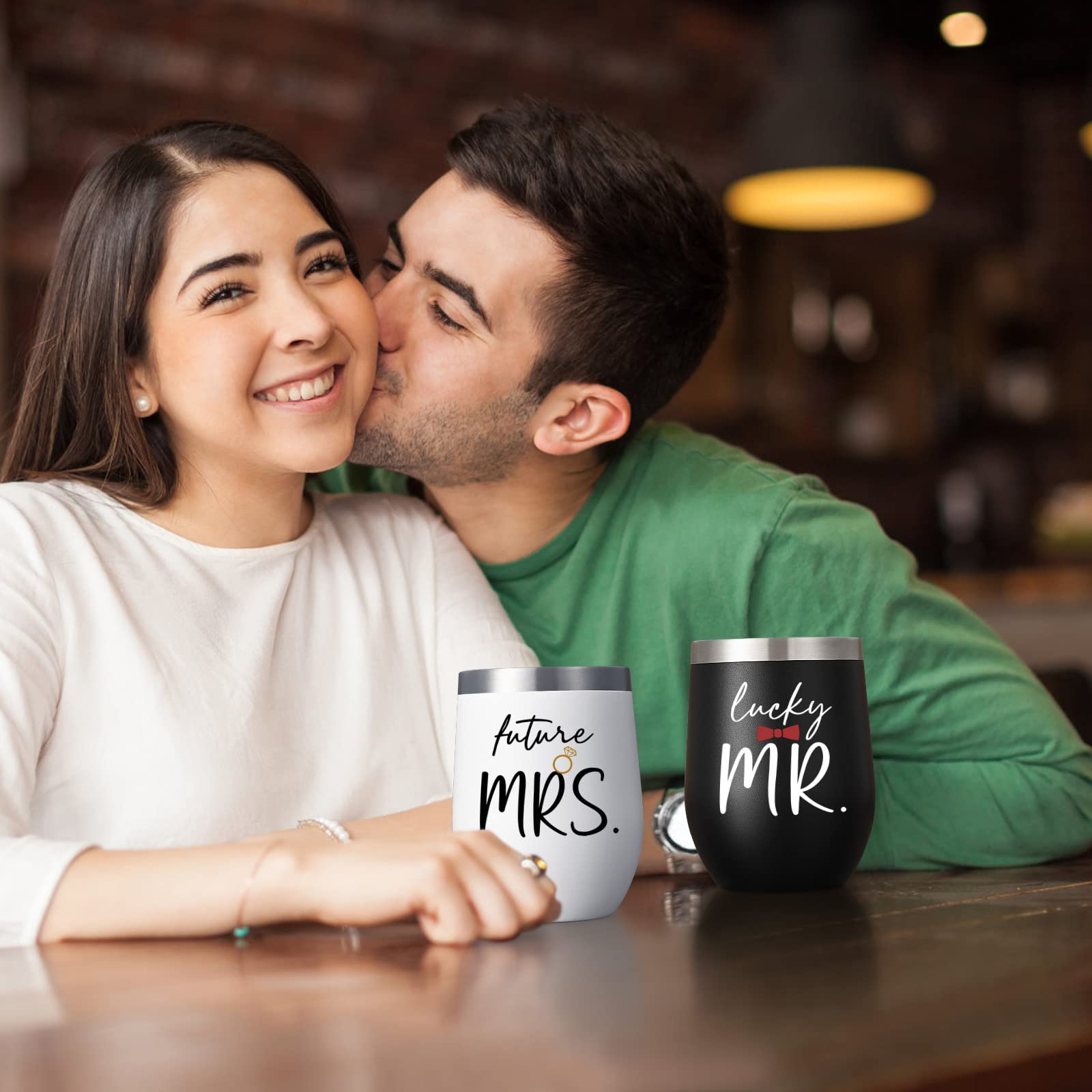 Lifecapido Couples Gifts - Lucky Mr Future Mrs Wine Tumblers Set of 2, Wedding Gifts Engagement Gifts Bridal Shower Gifts for Couples, Fiancee Fiance, Bride Groom, Mr Mrs, Black and White