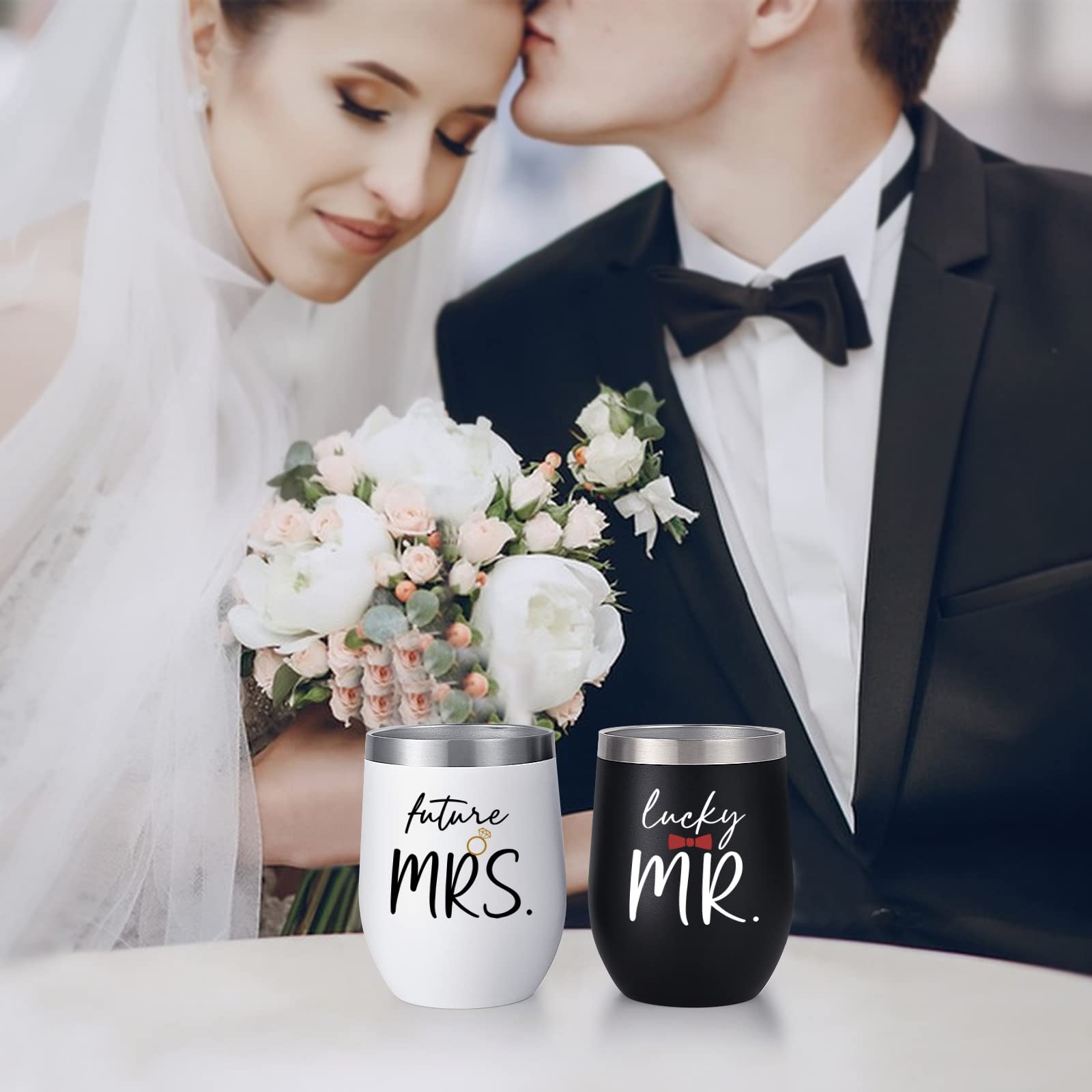 Lifecapido Couples Gifts - Lucky Mr Future Mrs Wine Tumblers Set of 2, Wedding Gifts Engagement Gifts Bridal Shower Gifts for Couples, Fiancee Fiance, Bride Groom, Mr Mrs, Black and White