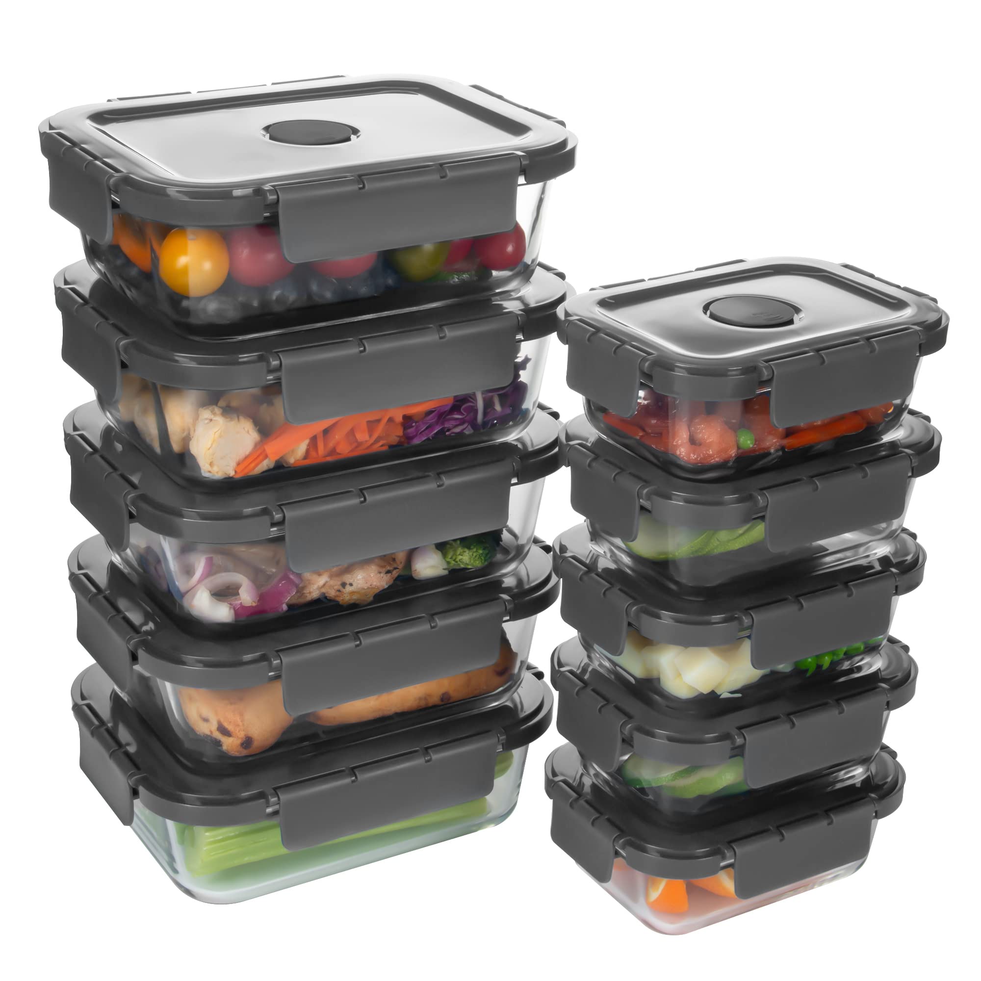 HAKEEMI 10 Pack Glass Food Storage Containers with Lids, Airtight Meal Prep Containers, Glass Lunch Containers Built in Air Vents, Dishwasher Safe, Grey