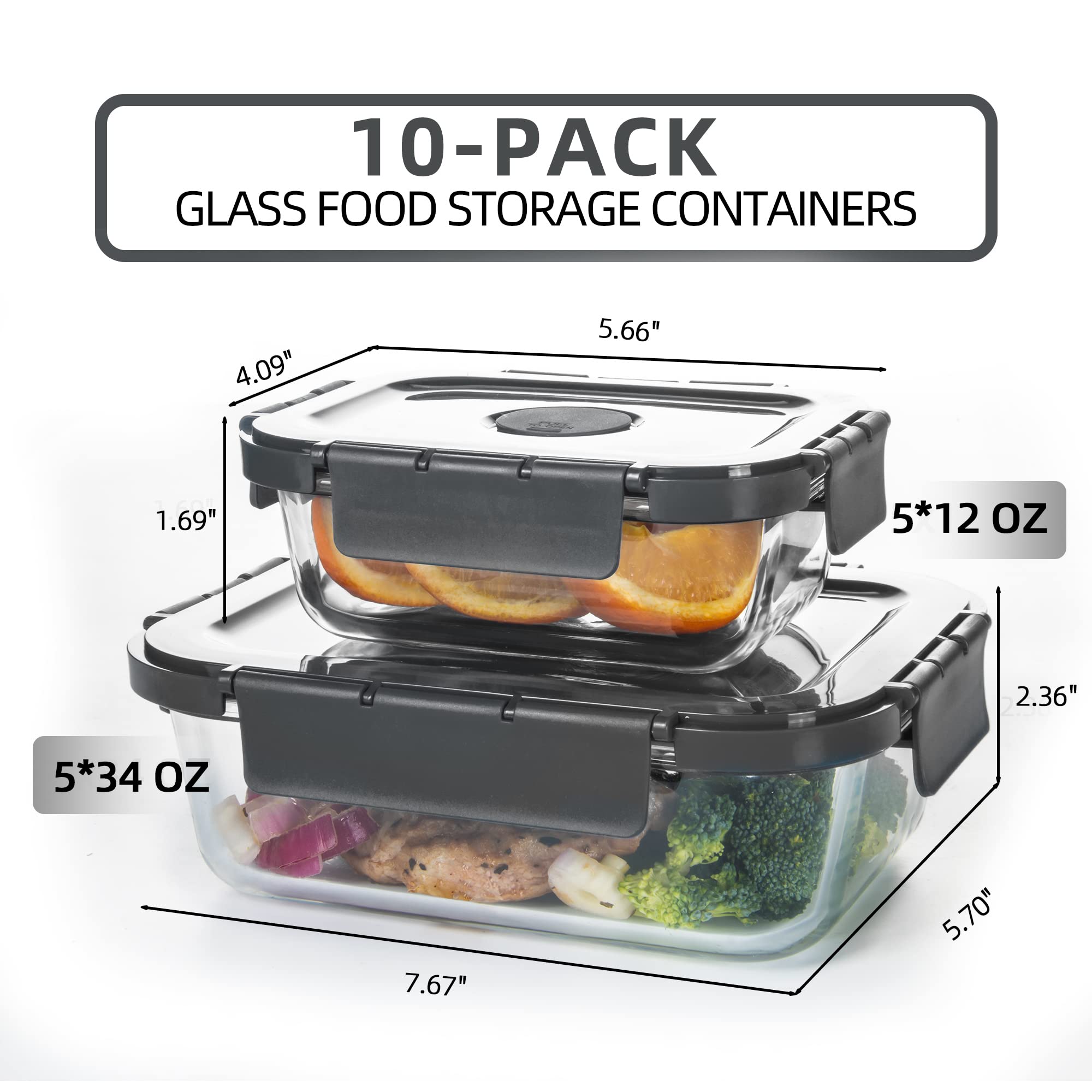 HAKEEMI 10 Pack Glass Food Storage Containers with Lids, Airtight Meal Prep Containers, Glass Lunch Containers Built in Air Vents, Dishwasher Safe, Grey