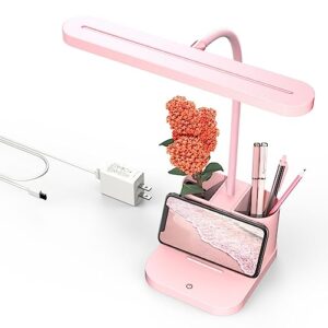 axx pink desk lamp for home office, cute desk lamps for bedrooms, kawaii, dimmable led, flexible gooseneck, pen holder, touch control, room college dorm essentials for teen girls kids