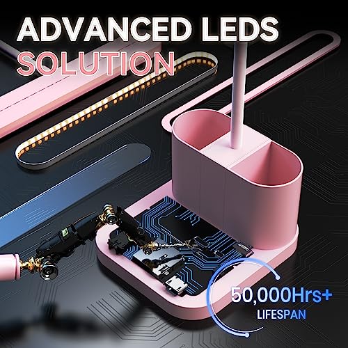 AXX Pink Desk Lamp for Home Office, Cute Desk Lamps for Bedrooms, Kawaii, Dimmable LED, Flexible Gooseneck, Pen Holder, Touch Control, Room College Dorm Essentials for Teen Girls Kids