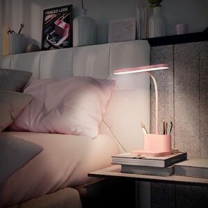 AXX Pink Desk Lamp for Home Office, Cute Desk Lamps for Bedrooms, Kawaii, Dimmable LED, Flexible Gooseneck, Pen Holder, Touch Control, Room College Dorm Essentials for Teen Girls Kids