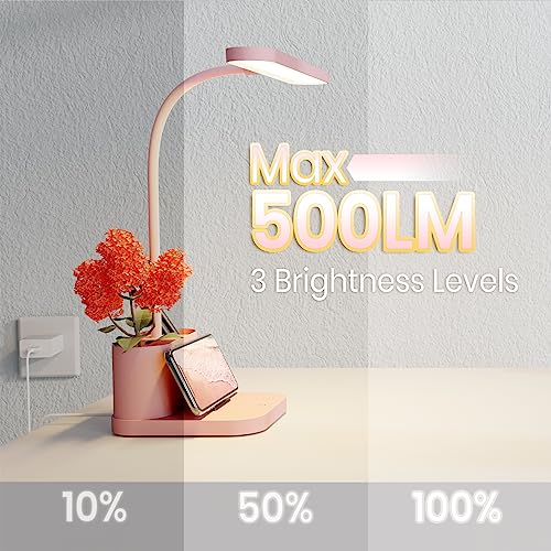 AXX Pink Desk Lamp for Home Office, Cute Desk Lamps for Bedrooms, Kawaii, Dimmable LED, Flexible Gooseneck, Pen Holder, Touch Control, Room College Dorm Essentials for Teen Girls Kids