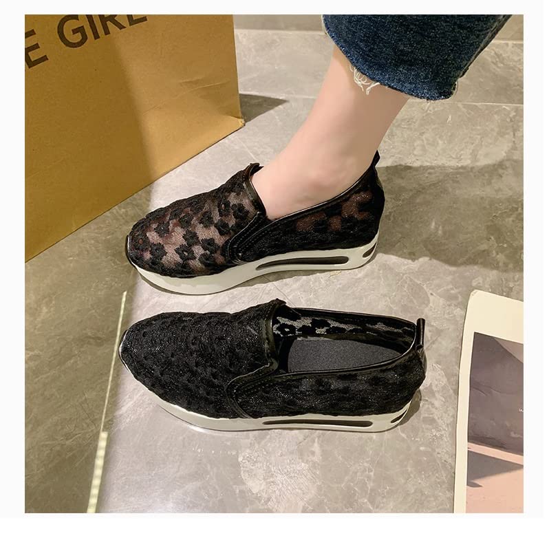 Floral Embroidery Breathable Sheer Mesh Sneakers, Platform Wedge Fashion Sneakers for Women Embroidery Floral Mesh Air Lace Chunky Sole Hidden High Heels（Contains 5 Pairs of lace Socks） (Black,6)