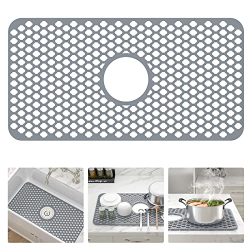 Silicone Sink Protector- Sarlai 25"x13" Center Drain Kitchen Sink Mats Grid Folding Non-slip Sink Mat for Bottom of Ceramic Porcelain Fireclay Farmhouse Sink (Grey)