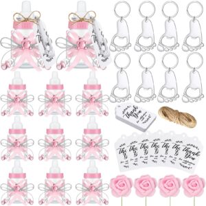 sunnyray 40 pcs baby shower bottle favor 12 pcs mini milk bottles 12 pcs baby footprint keychain bottle opener 12 pcs thanks tags 4 pcs artificial flower for boy girl newborn baptism (pink, silver)