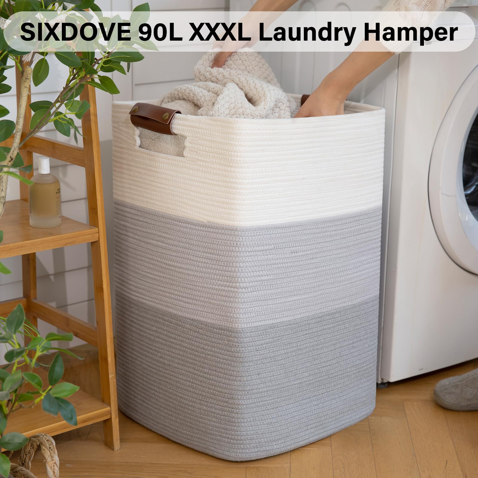 SIXDOVE Laundry Hamper 90L Extra Large Laundry Basket, Woven Blanket Basket, Cotton Woven Storage Basket Hamper with Handles for Living Room, Large Basket Pillows, Blankets, Clothes-Gradient Grey