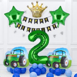 5Pcs Tractor Balloons, Green Tractor Birthday Number Mylar Foil Balloon Farm Theme 2nd Birthday Party Supplies Decor (2nd)