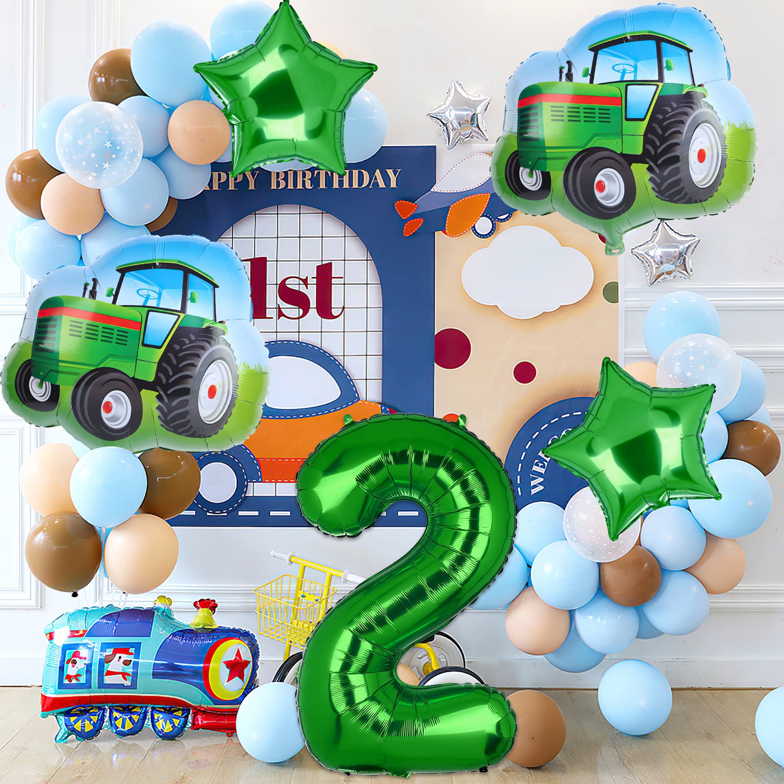 5Pcs Tractor Balloons, Green Tractor Birthday Number Mylar Foil Balloon Farm Theme 2nd Birthday Party Supplies Decor (2nd)