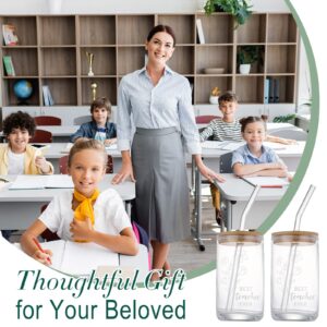 Skylety 1 Set 16 oz Teacher Glass Cups with Lids and Straws Drinking Glasses Tumbler Can Shaped Glass Coffee Cups Thank You Teacher Appreciation Gift Quotes Sign Mug Bottle for Beer Water Tea