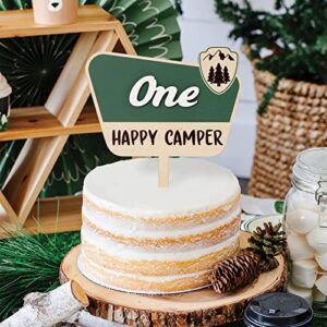 Huray Rayho One Happy Camper Cake Topper National Park Wooden Cake Smash Decor Adventure Camping Theme First 1st Birthday Party Centerpiece Mountain Hiking Sage Green Decoraiton