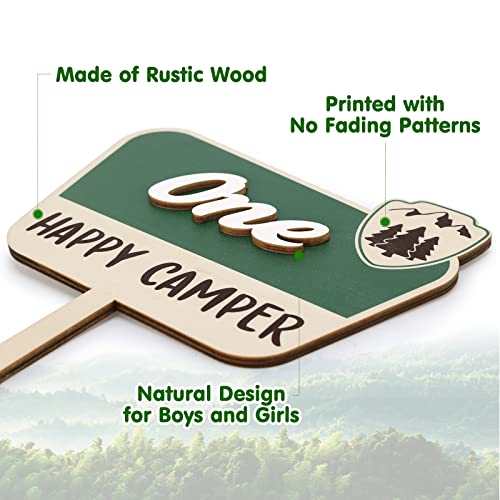 Huray Rayho One Happy Camper Cake Topper National Park Wooden Cake Smash Decor Adventure Camping Theme First 1st Birthday Party Centerpiece Mountain Hiking Sage Green Decoraiton