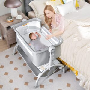 infans 3 in 1 baby bassinet, bedside sleeper, rocking cradle, easy folding portable safer co-sleeping crib with height angle adjustable, wheels storage basket travel bag for infant newborn (gray)