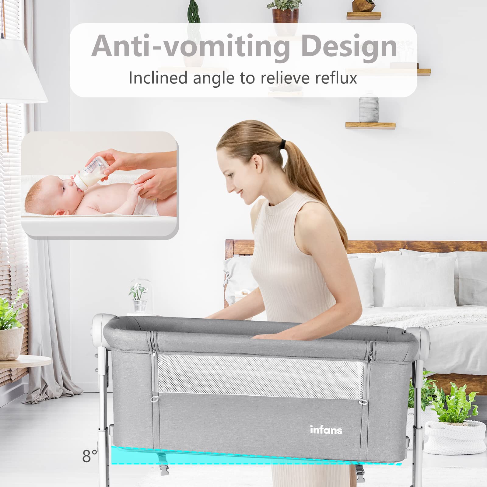 INFANS 3 in 1 Baby Bassinet, Bedside Sleeper, Rocking Cradle, Easy Folding Portable Safer Co-Sleeping Crib with Height Angle Adjustable, Wheels Storage Basket Travel Bag for Infant Newborn (Gray)