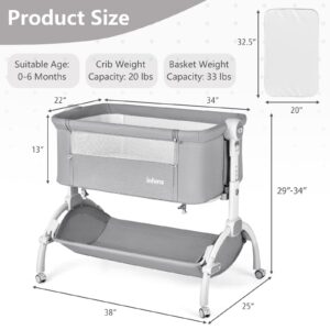 INFANS 3 in 1 Baby Bassinet, Bedside Sleeper, Rocking Cradle, Easy Folding Portable Safer Co-Sleeping Crib with Height Angle Adjustable, Wheels Storage Basket Travel Bag for Infant Newborn (Gray)