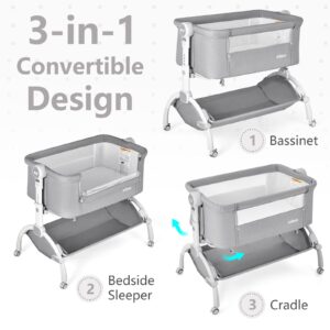 INFANS 3 in 1 Baby Bassinet, Bedside Sleeper, Rocking Cradle, Easy Folding Portable Safer Co-Sleeping Crib with Height Angle Adjustable, Wheels Storage Basket Travel Bag for Infant Newborn (Gray)