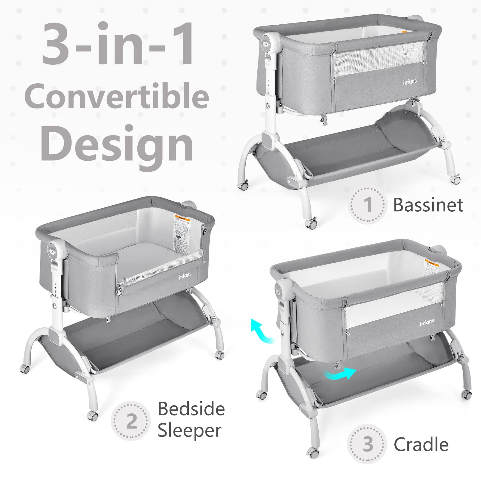 INFANS 3 in 1 Baby Bassinet, Bedside Sleeper, Rocking Cradle, Easy Folding Portable Safer Co-Sleeping Crib with Height Angle Adjustable, Wheels Storage Basket Travel Bag for Infant Newborn (Gray)