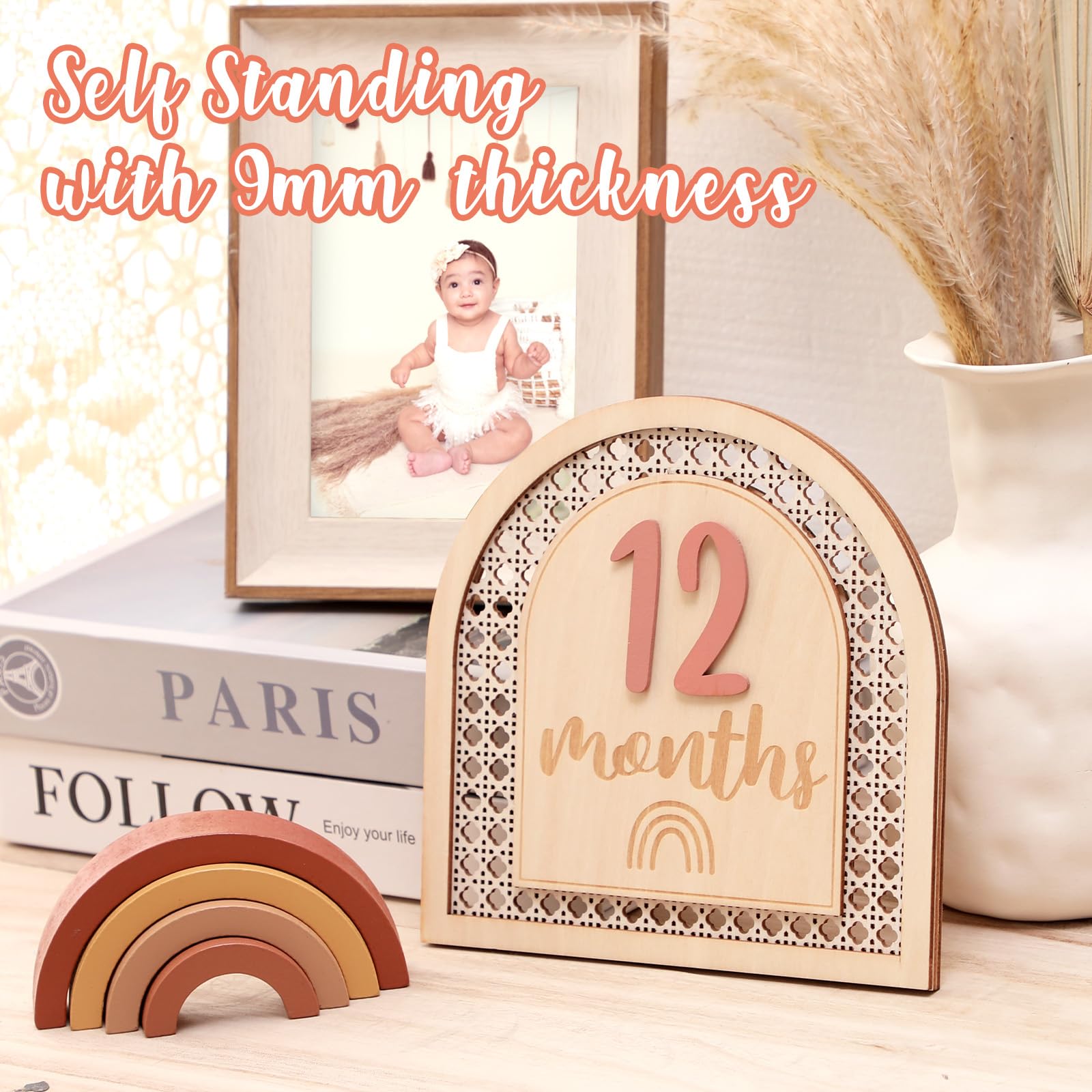 Huray Rayho Boho Rattan Monthly Photo Props Cards Wooden Bohemian Blocks Rainbow Interchangeable Photo Props with 11 Swappable Numbers Set of 12 for Baby Growth Record Baby Shower Plaques