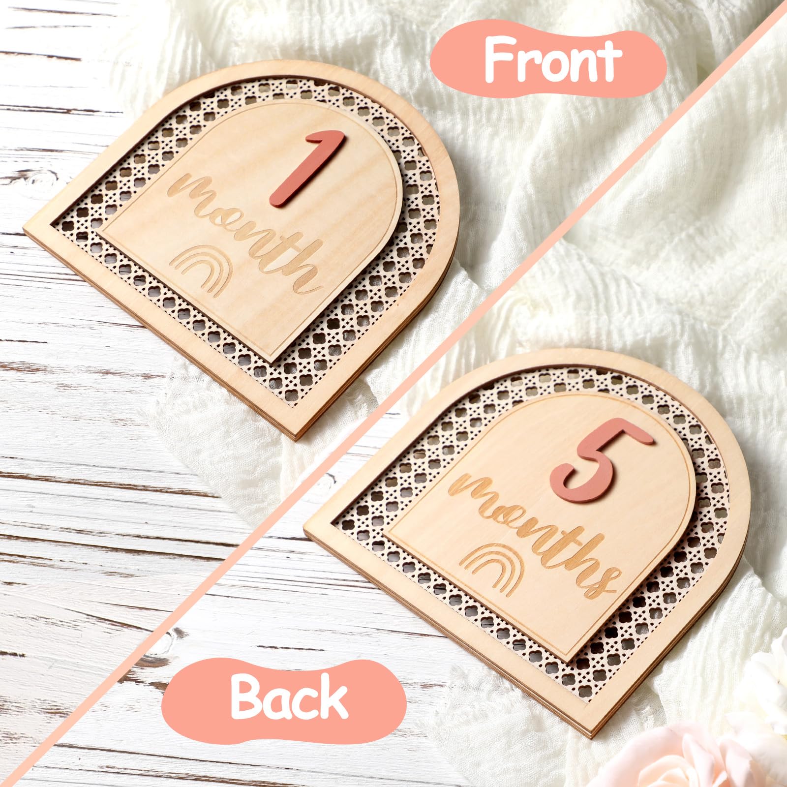 Huray Rayho Boho Rattan Monthly Photo Props Cards Wooden Bohemian Blocks Rainbow Interchangeable Photo Props with 11 Swappable Numbers Set of 12 for Baby Growth Record Baby Shower Plaques