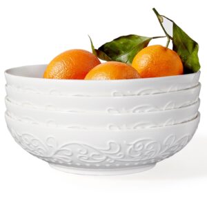 artena pasta bowls 35oz, ceramic large salad bowls 8 inch, embossed soup bowls set of 4, white serving bowls for entertaining, wide shallow dinner bowls for spaghetti, microwave dishwasher oven safe