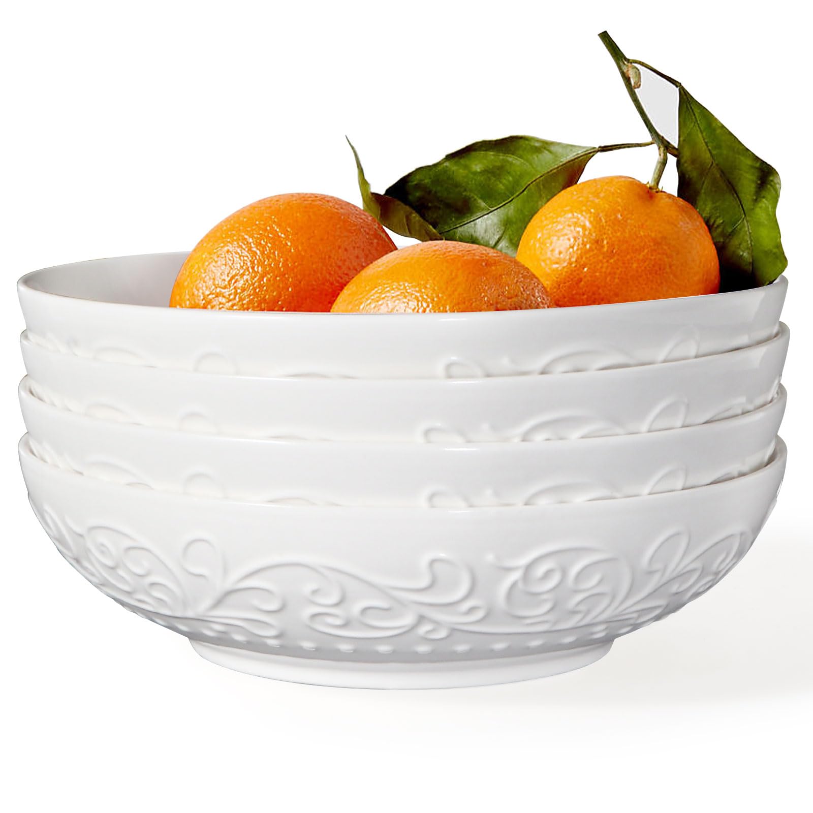 Artena Pasta Bowls 35oz, Ceramic Large Salad Bowls 8 inch, Embossed Soup Bowls Set of 4, White Serving Bowls for Entertaining, Wide Shallow Dinner Bowls for Spaghetti, Microwave Dishwasher Oven Safe