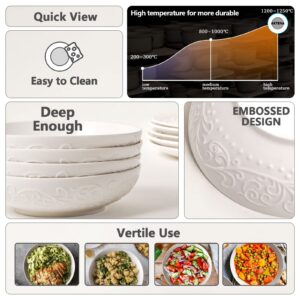 Artena Pasta Bowls 35oz, Ceramic Large Salad Bowls 8 inch, Embossed Soup Bowls Set of 4, White Serving Bowls for Entertaining, Wide Shallow Dinner Bowls for Spaghetti, Microwave Dishwasher Oven Safe