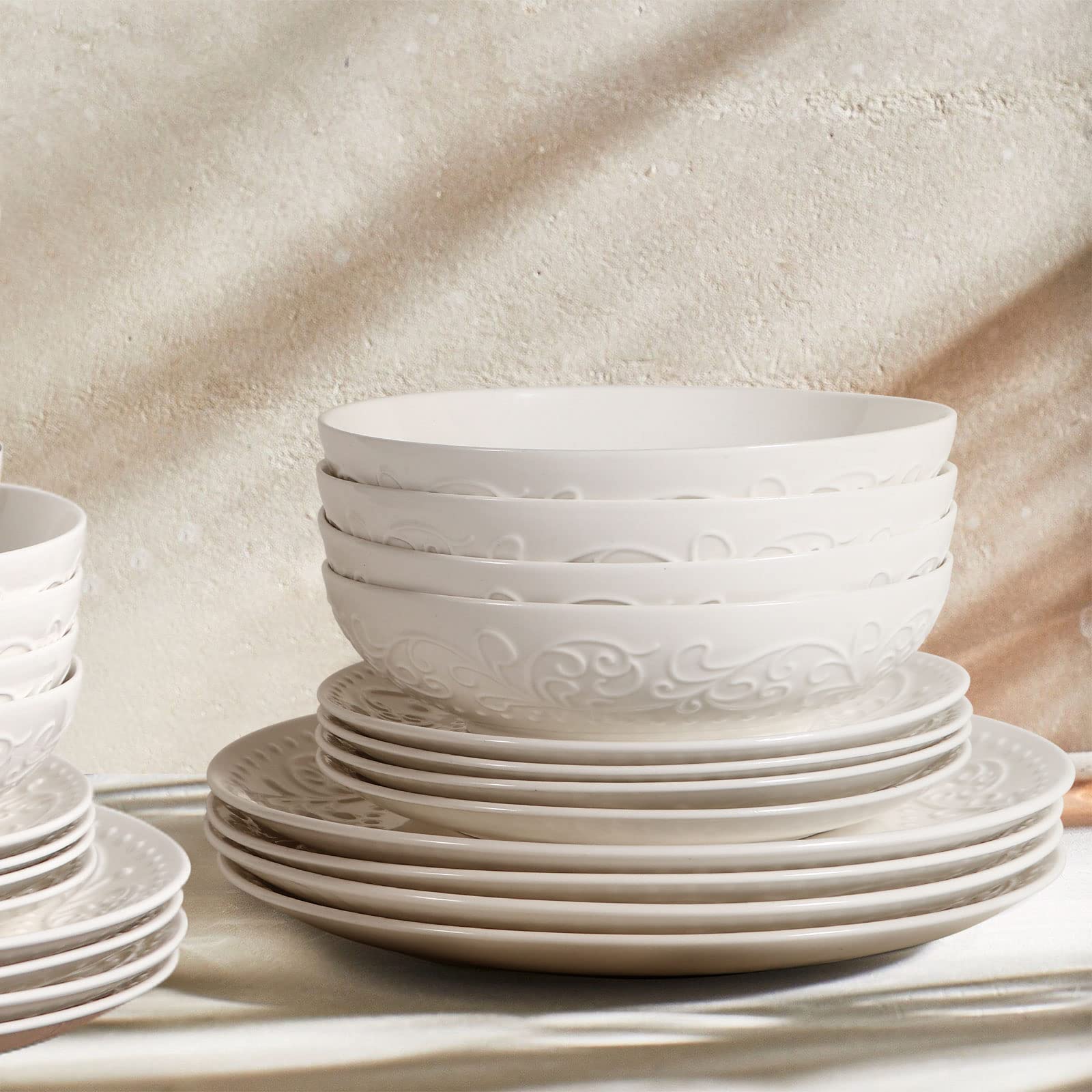 Artena Pasta Bowls 35oz, Ceramic Large Salad Bowls 8 inch, Embossed Soup Bowls Set of 4, White Serving Bowls for Entertaining, Wide Shallow Dinner Bowls for Spaghetti, Microwave Dishwasher Oven Safe