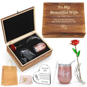 anniversary gi fts for her| wife, wife gift set with crystal engraved heart, 24k gold dipped rose, wine tumbler, wife gifts for anniversary & birthday