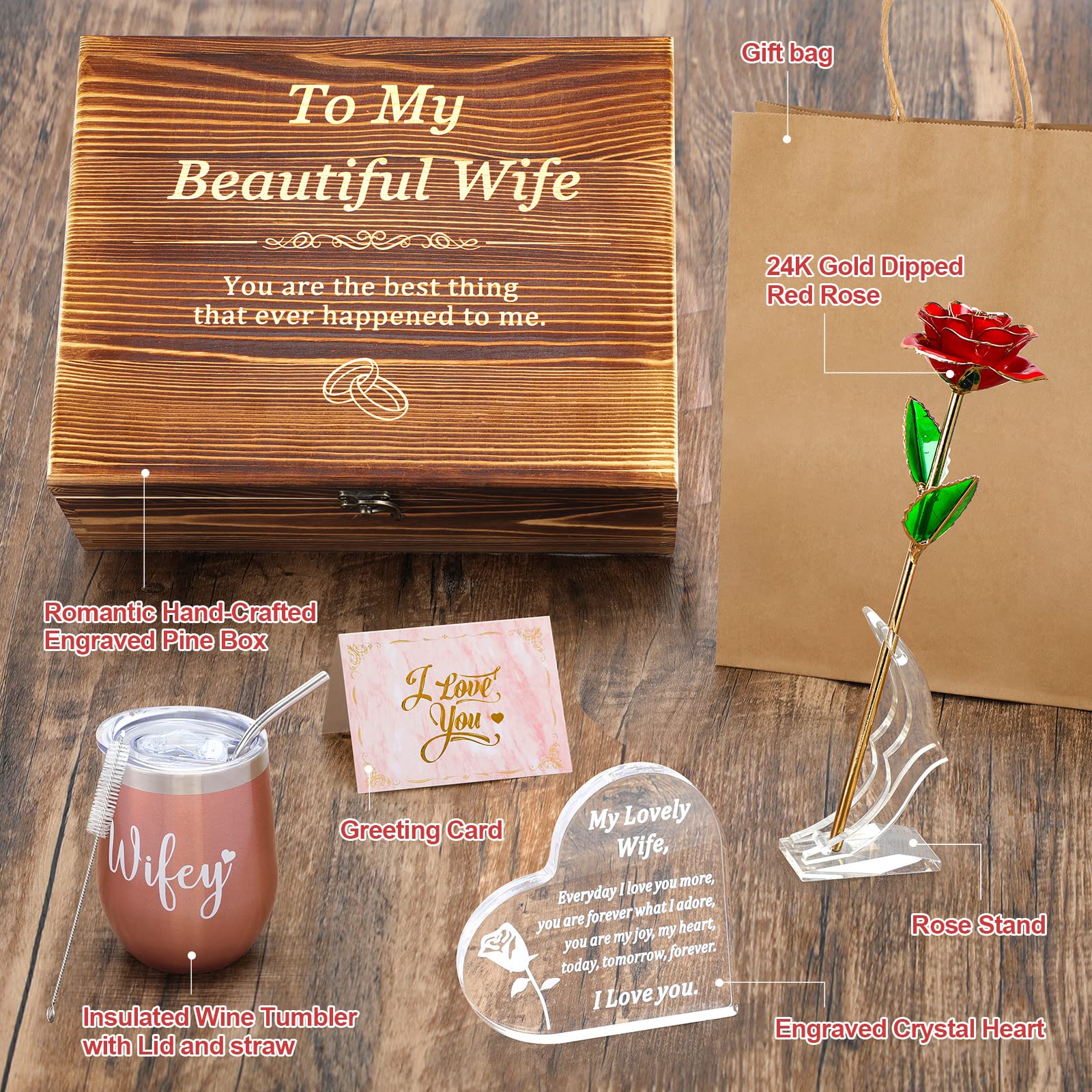 Anniversary Gi fts for Her| Wife, Wife Gift Set with Crystal Engraved Heart, 24K Gold Dipped Rose, Wine Tumbler, Wife Gifts for Anniversary & Birthday