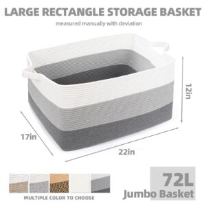 ZLG Big Toy Storage Bin Grey Rectangle Basket 72L Square Laundry Basket Rope Living Room Blanket Basket Pillow Basket for Bedroom Nursery Storage Bin with Handles, 22 x 17 x 12 inches