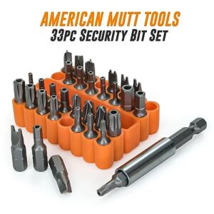 AMERICAN MUTT TOOLS 33pc Security Bit Set – Includes Security Torx, Metric and SAE Hex, Torq, Spanner Bit Set and Triwing – Security Torx Bit Set, Tamper Proof Torx Bit Set, Security Screwdriver Set