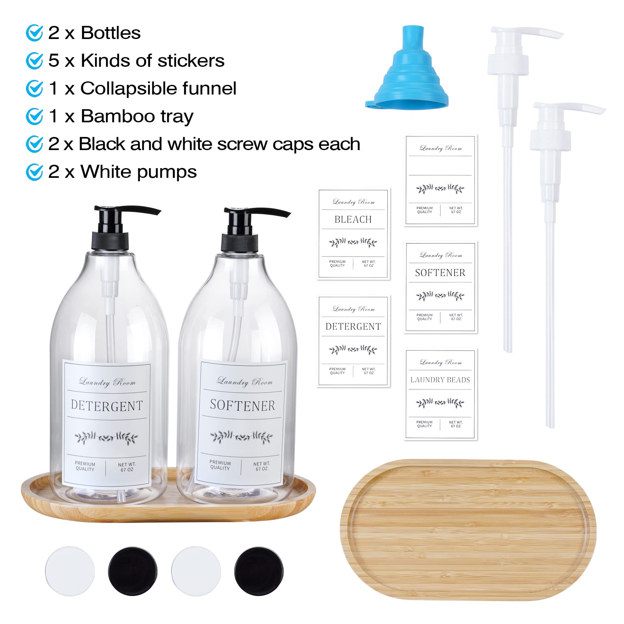 Laundry Detergent Dispenser Bottle -2 Half Gallon Plastic Liquid Laundry Soap Dispenser for Laundry Room Organization & Decor, With Label&Bamboo Tray