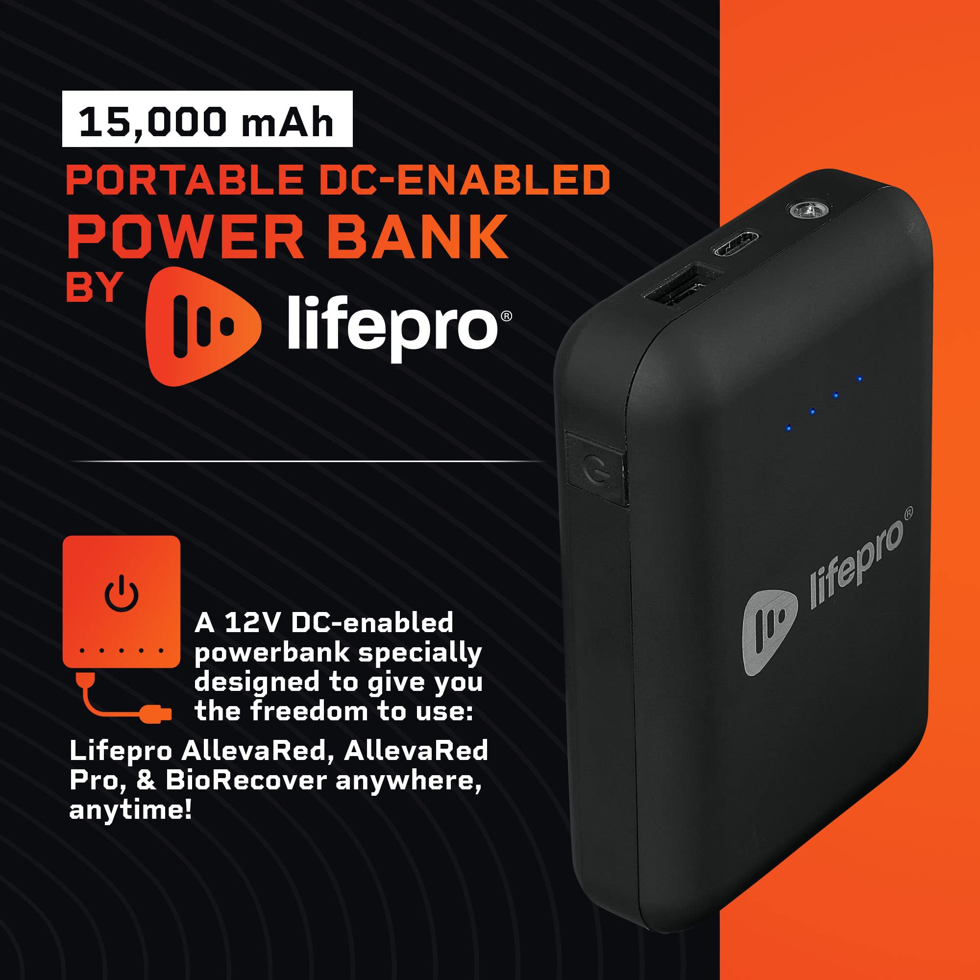 LifePro Portable Powerbank for AllevaRed, AllevaRed Pro, & BioRecover - Long-Lasting 15,000 mAh Compact Battery Pack with USB 3.0 & Special 12V DC Output Port for Use with Your Wellness Gear!