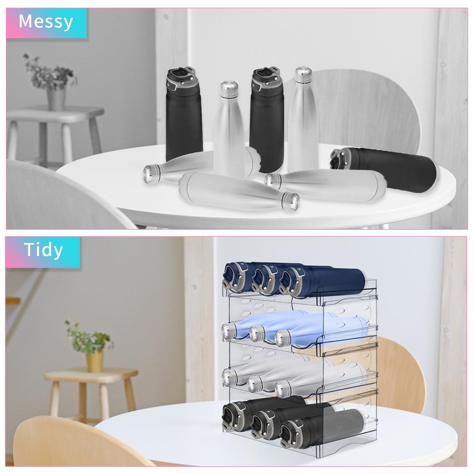 ALKNOT Water Bottle Organizer for Cabinet, 4 Pack Stackable Clear Plastic Water Bottle Holder,Wine Rack/Drink Bottle Storage Stand for Refrigerator, Kitchen, Freezer, Hold 12 Bottles