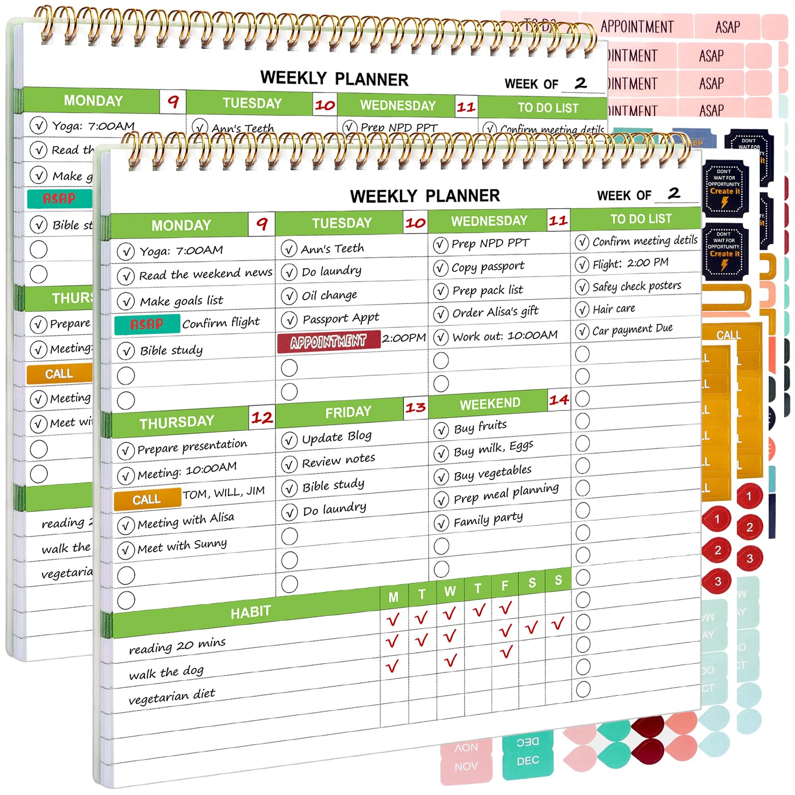 Spiral Weekly Planner with Habit Trackers, 8.7" X 9.5", 2 Pack Weekly To Do List Notepad with Calendar, 52 Sheets Tear Off Note Pad, Work and Personal Organizer