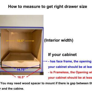 COUVER Pull Out Soft Close Cabinet Organizer, Wood Drawer Slide Out Shelves for Kitchen, 16.5"(W) x 21.25"(D) X 4"(H), Soft-Close Rail with Spacer, Side Mount, Bottom Mount