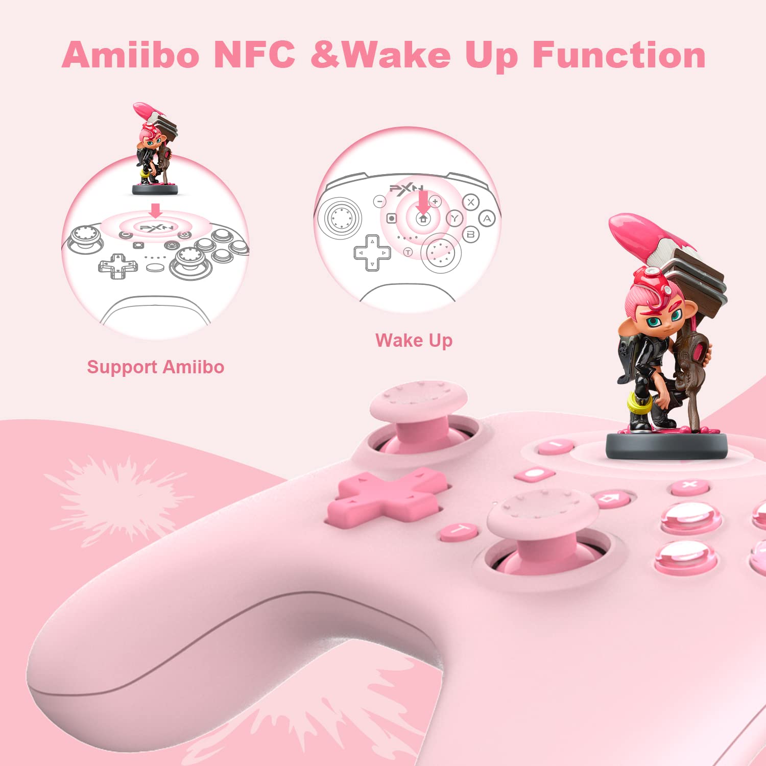 PXN 9607X Wireless Switch Pro Controller, Dual Shock Gamepad Joystick Support NFC, Turbo, Wake-up, Gyro Axis, Vibration Hall Effect Joysticks for Switch/Lite/OLED & PC & iOS (Pink)